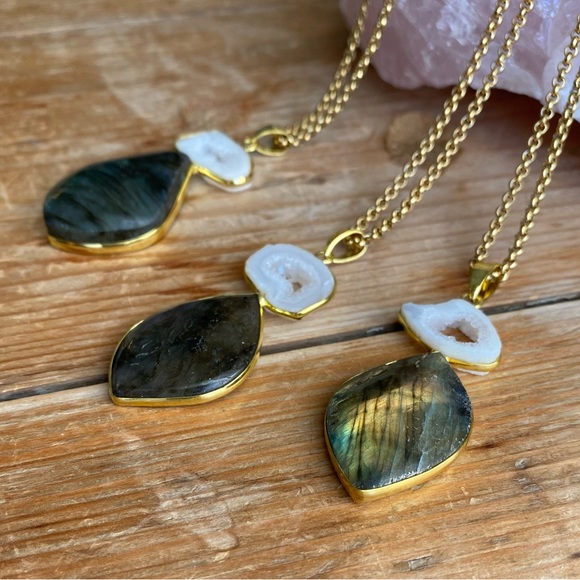 Bondhu | Jewelry | Labradorite Stone Necklace White Geode Druzy Crystal ...